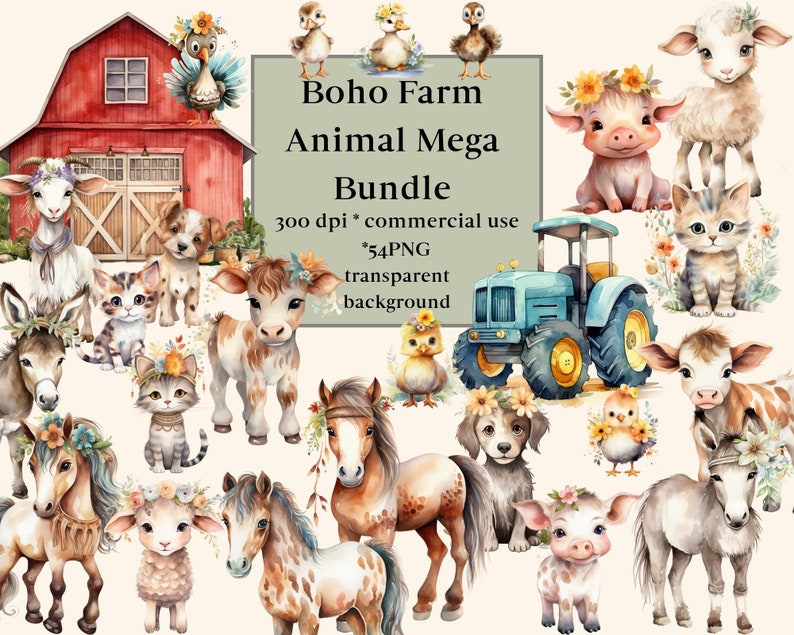 54 Watercolor Boho Farm Animal Clipart Cute Chickens Chicks - Etsy