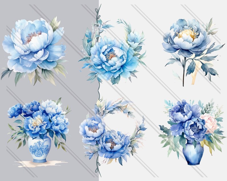 24 Watercolor Blue Peony Clipart - Peonies in PNG, Floral Clip Art ...