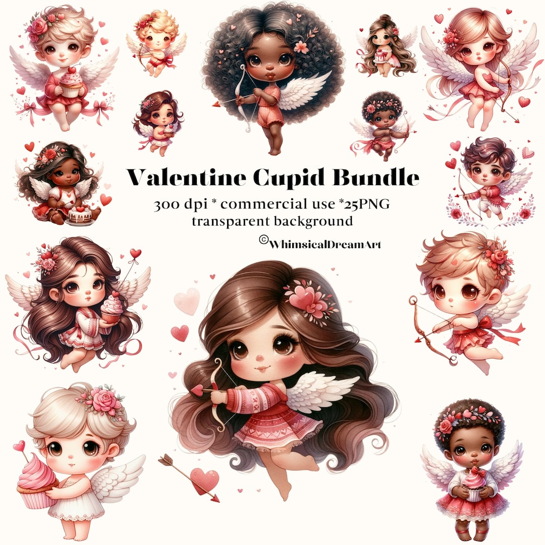 25 Watercolor Cute Valentines Cupid Clipart PNG, Valentines Day Bundle ...