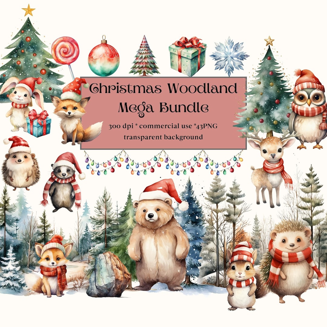 46 Christmas Woodland Animals Clipart Watercolor Bundle, Commercial Use ...