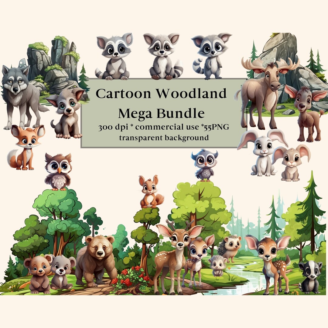 52 Woodland Cartoon Animals Clipart Watercolor Bundle, Commercial Use ...