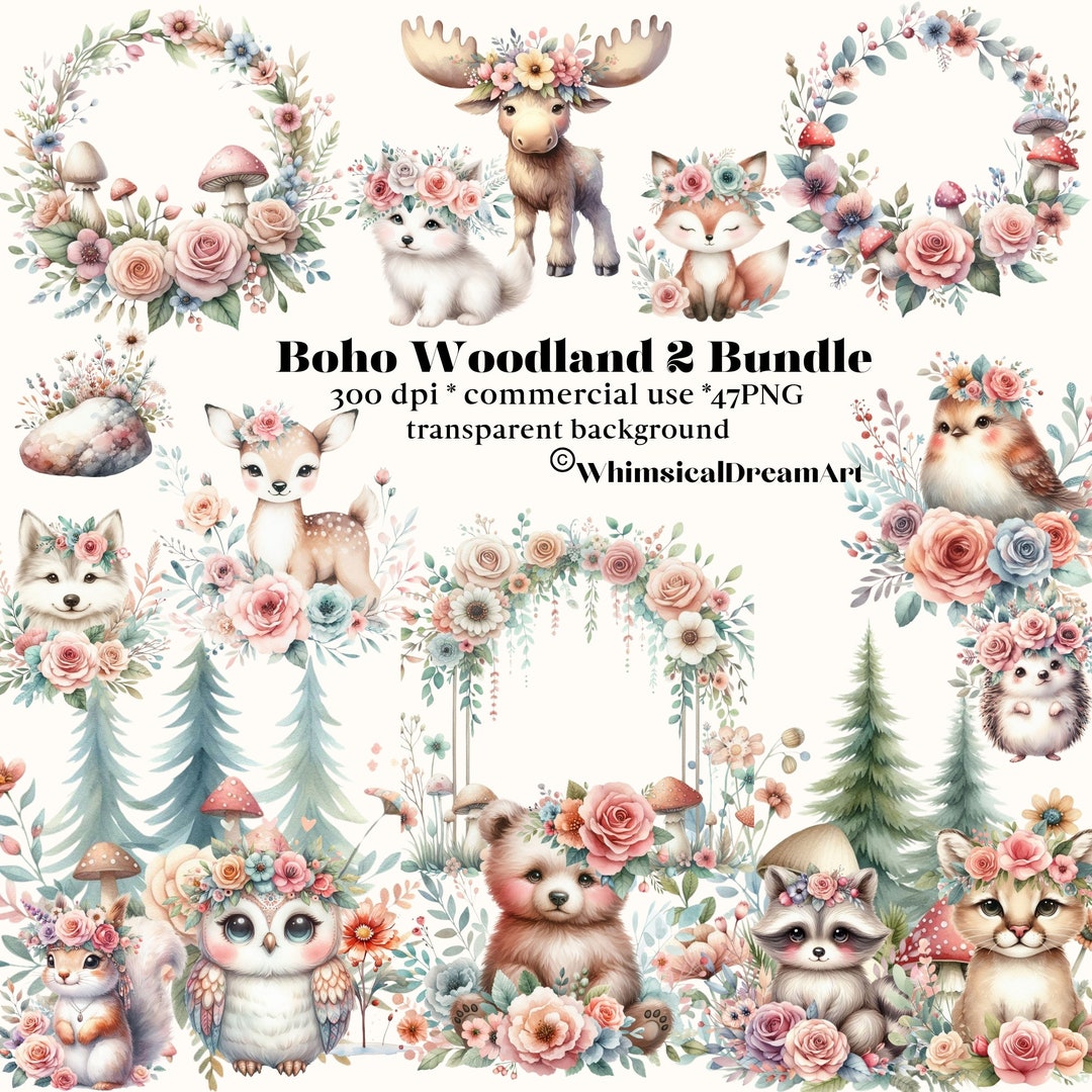 47 Boho Woodland Animals Clipart Watercolor Bundle, Commercial Use ...