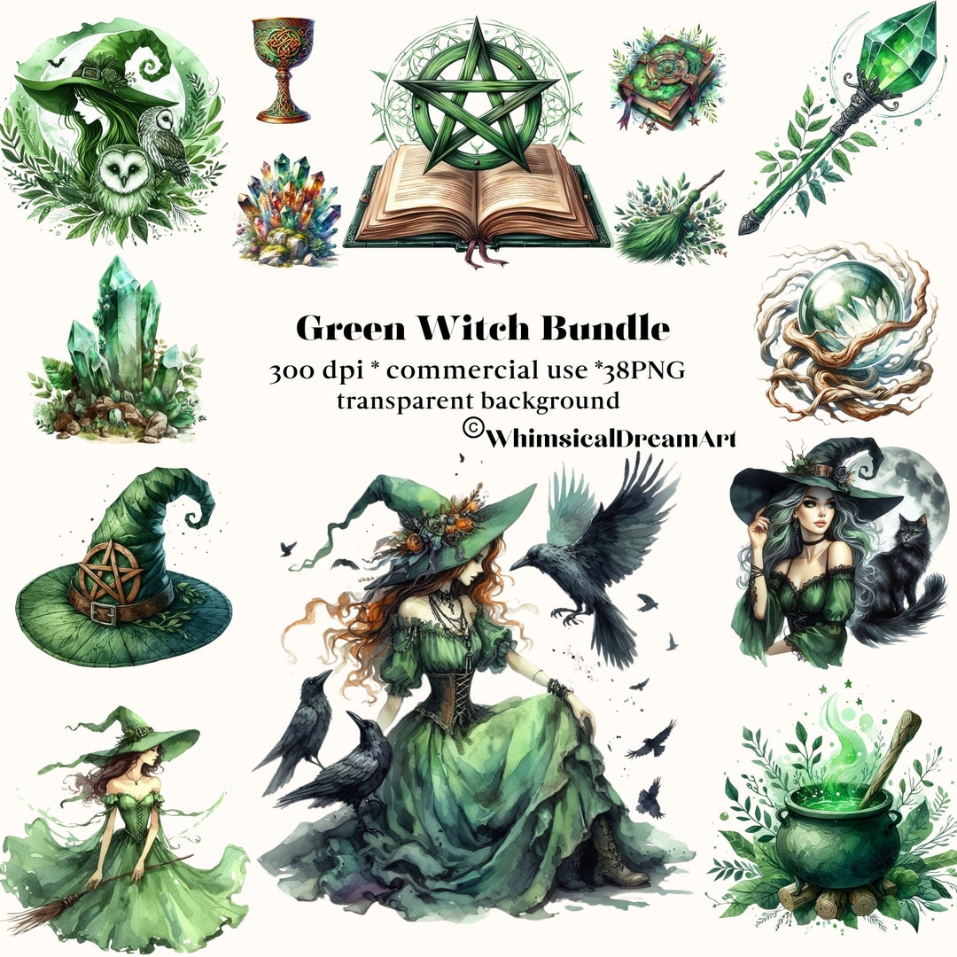 38 PNG Watercolor Green Witch Clipart, Earth Element Witch Witchcraft ...