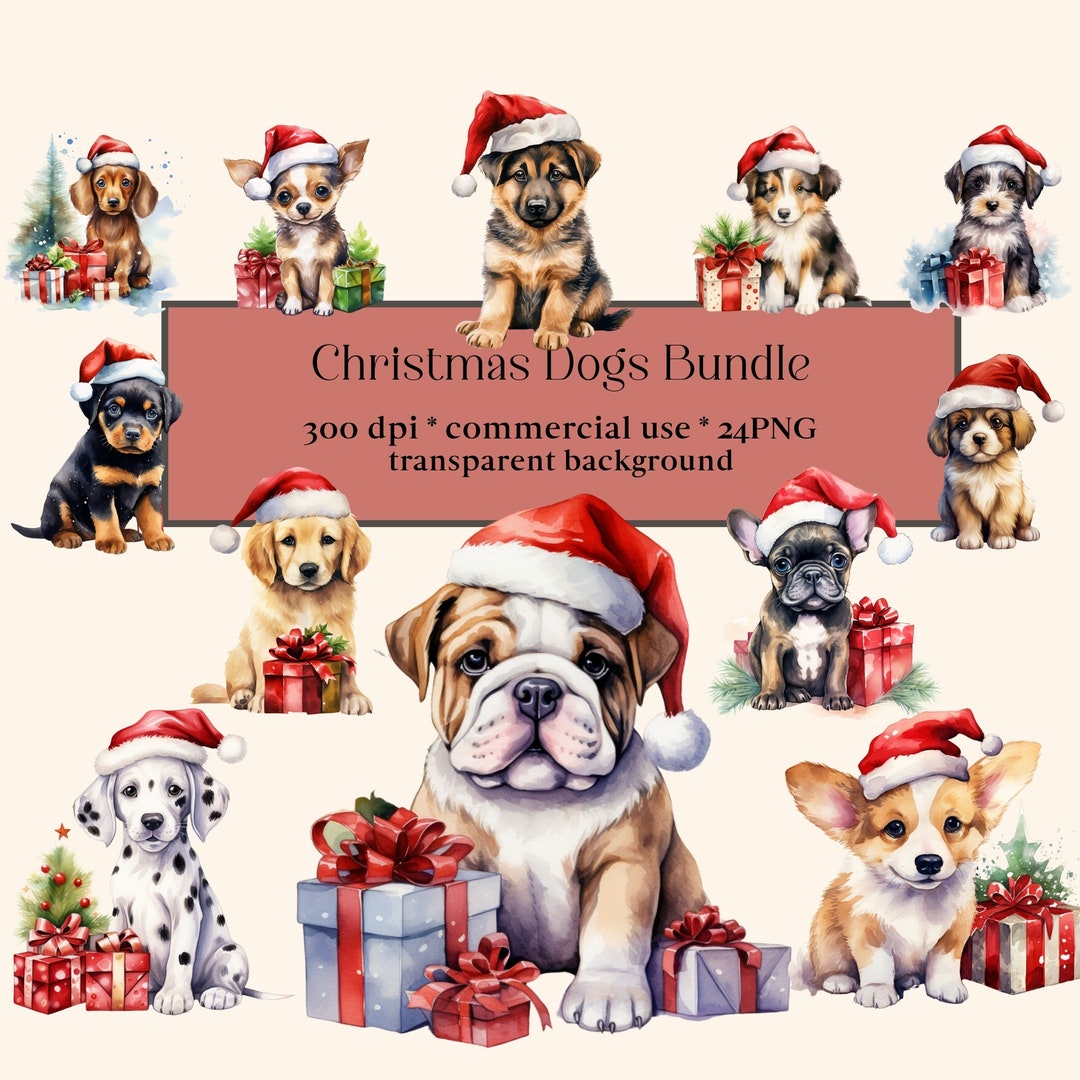 24 Christmas Puppy Clipart, Christmas Cards, Winter, Holiday, Santa ...
