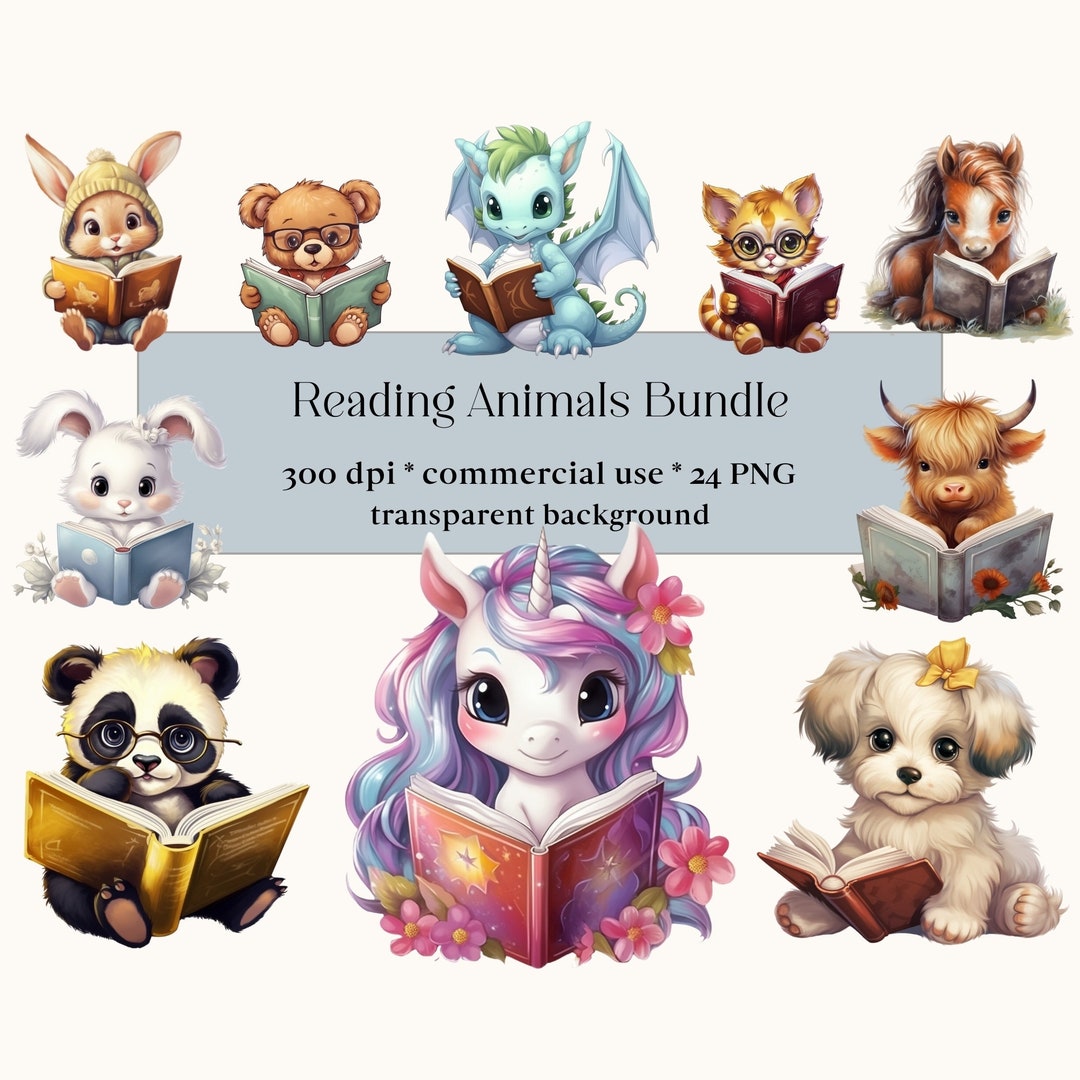 24 PNG Watercolor Reading Animal Clipart, Booklover Animals Clipart ...