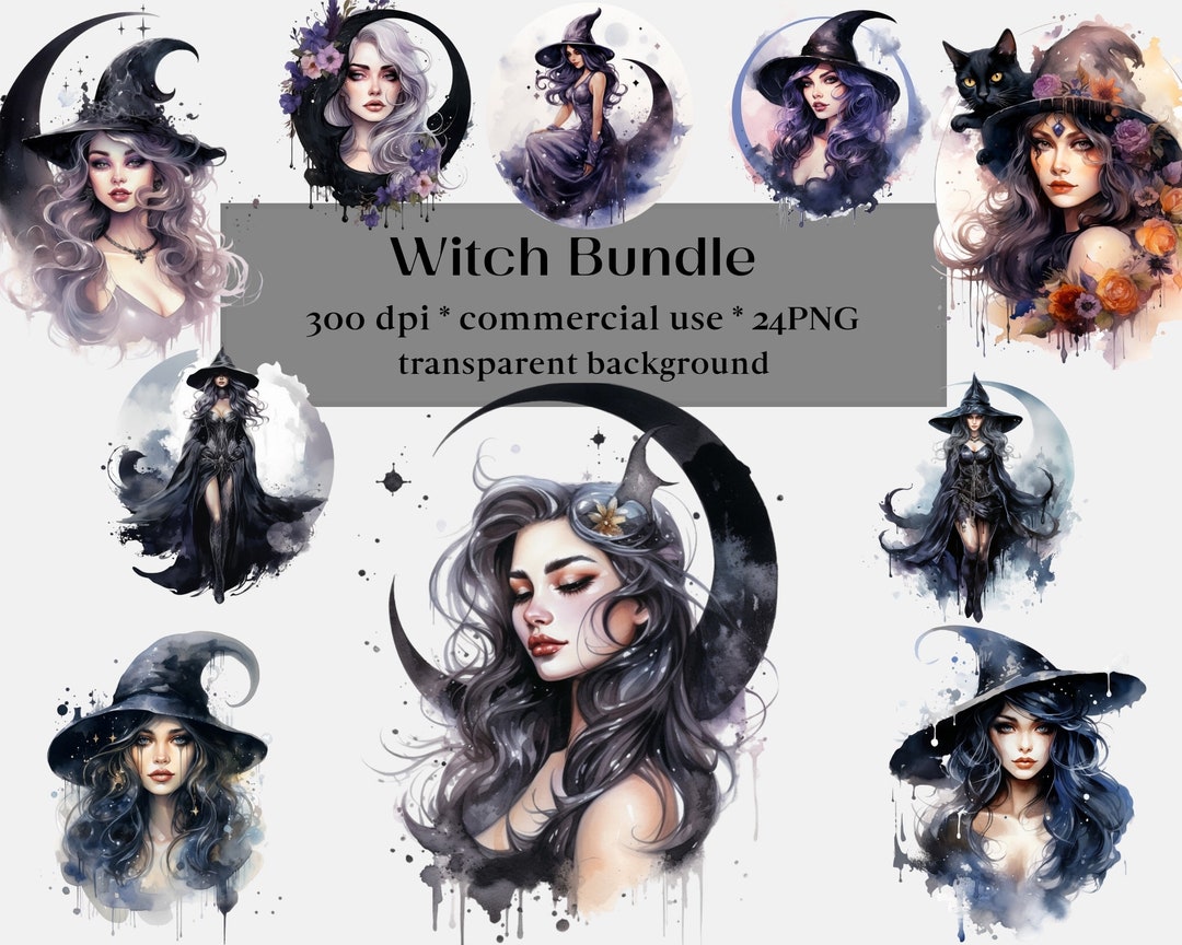 24 PNG Watercolor Dark Witch Clipart Bundle, Gothic Witchcraft Clip Art ...