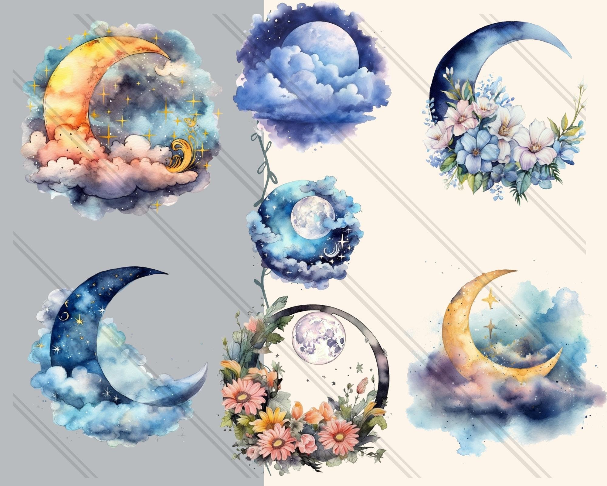 25 PNG Watercolor Heavenly Moons Clipart Celestial Moon - Etsy