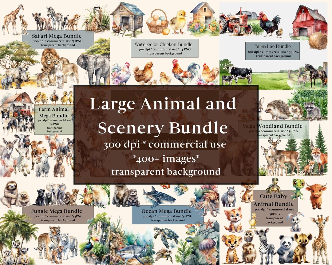 400+ Animal & Scenery Clipart Watercolor Bundle, Commercial Use, Safari ...