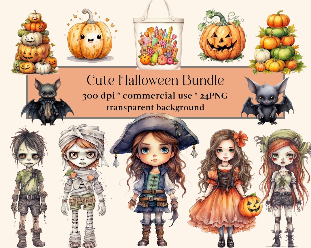 24 Watercolour Cute Halloween Clip Art Pack, Spooky Clipart PNG, Cute ...