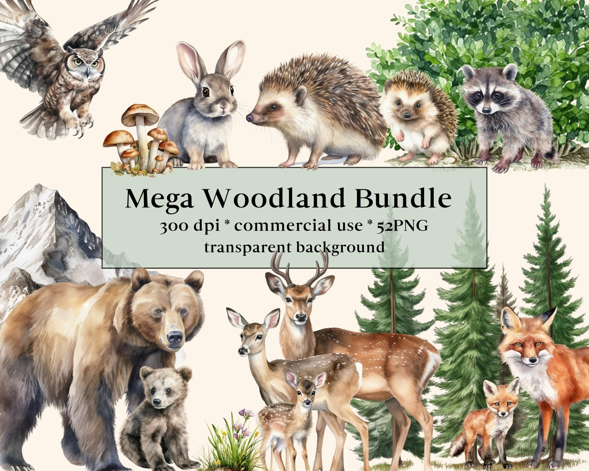 52 Woodland Animals Clipart Watercolor Bundle Commercial Use - Etsy