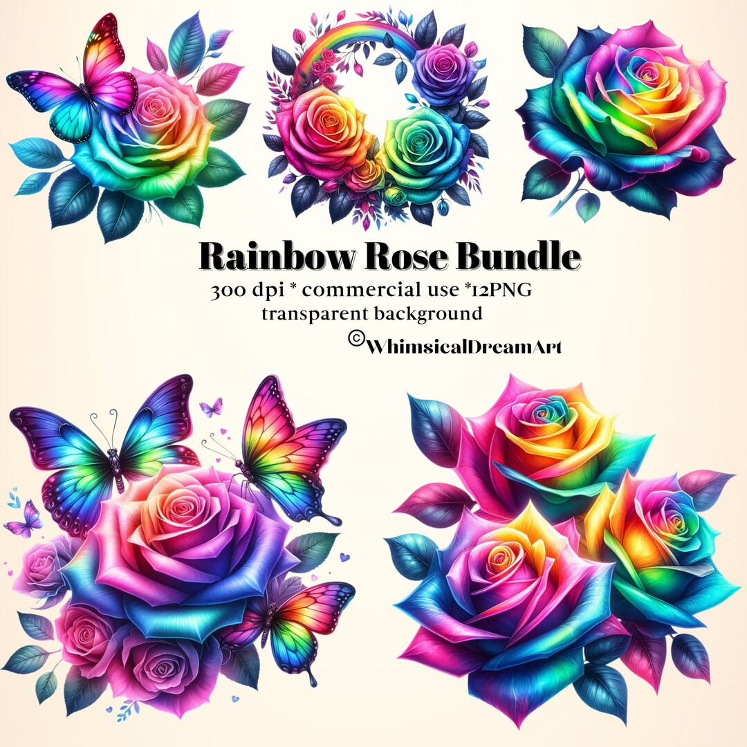 12 Watercolor Rainbow Roses Collection Clipart, Summer Flowers PNG ...