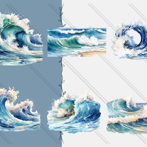 24 Watercolor Ocean Waves Clipart PNG - Nautical Watercolor Wave, Beach ...