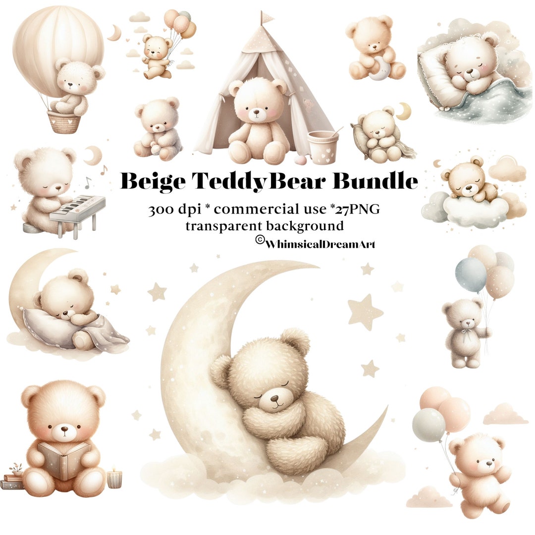 27 Watercolor Beige Teddy Bear Clipart, Neutral Baby Shower Clipart ...