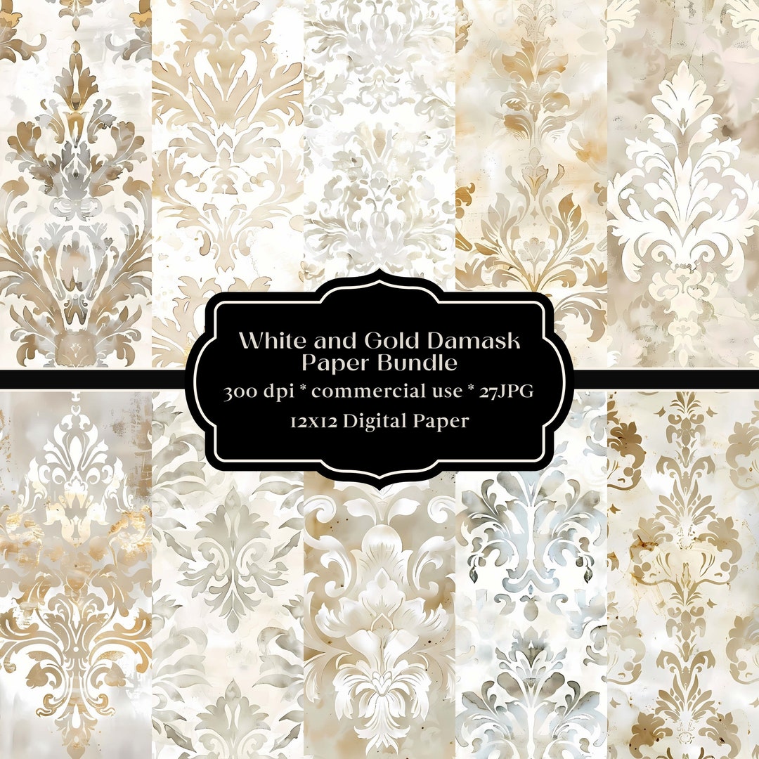27 White and Gold Distressed Damask Textures, Gold Accents, Backgrounds ...