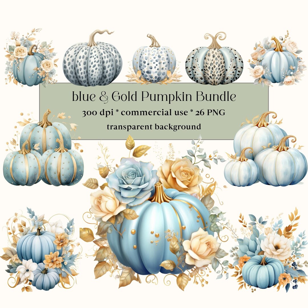 26 Watercolor Blue & Gold Fall Clipart, Dry Flowers, Pumpkins Floral ...