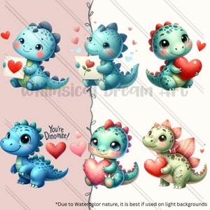 26 Watercolor Cute Valentine Dino Clipart, Dinosaurs Watercolor Clipart ...
