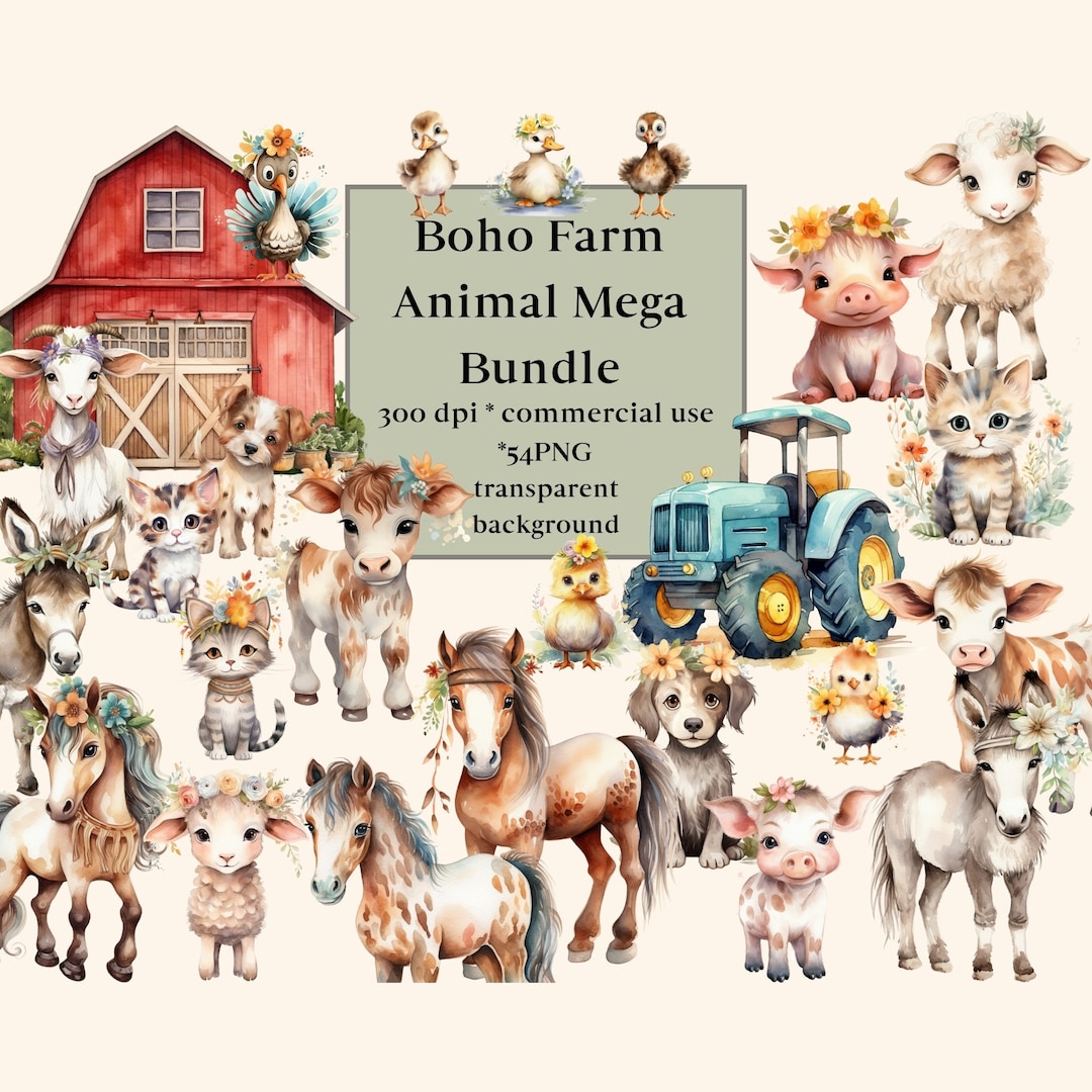 54 Watercolor Boho Farm Animal Clipart Cute Chickens, Chicks, Horses ...