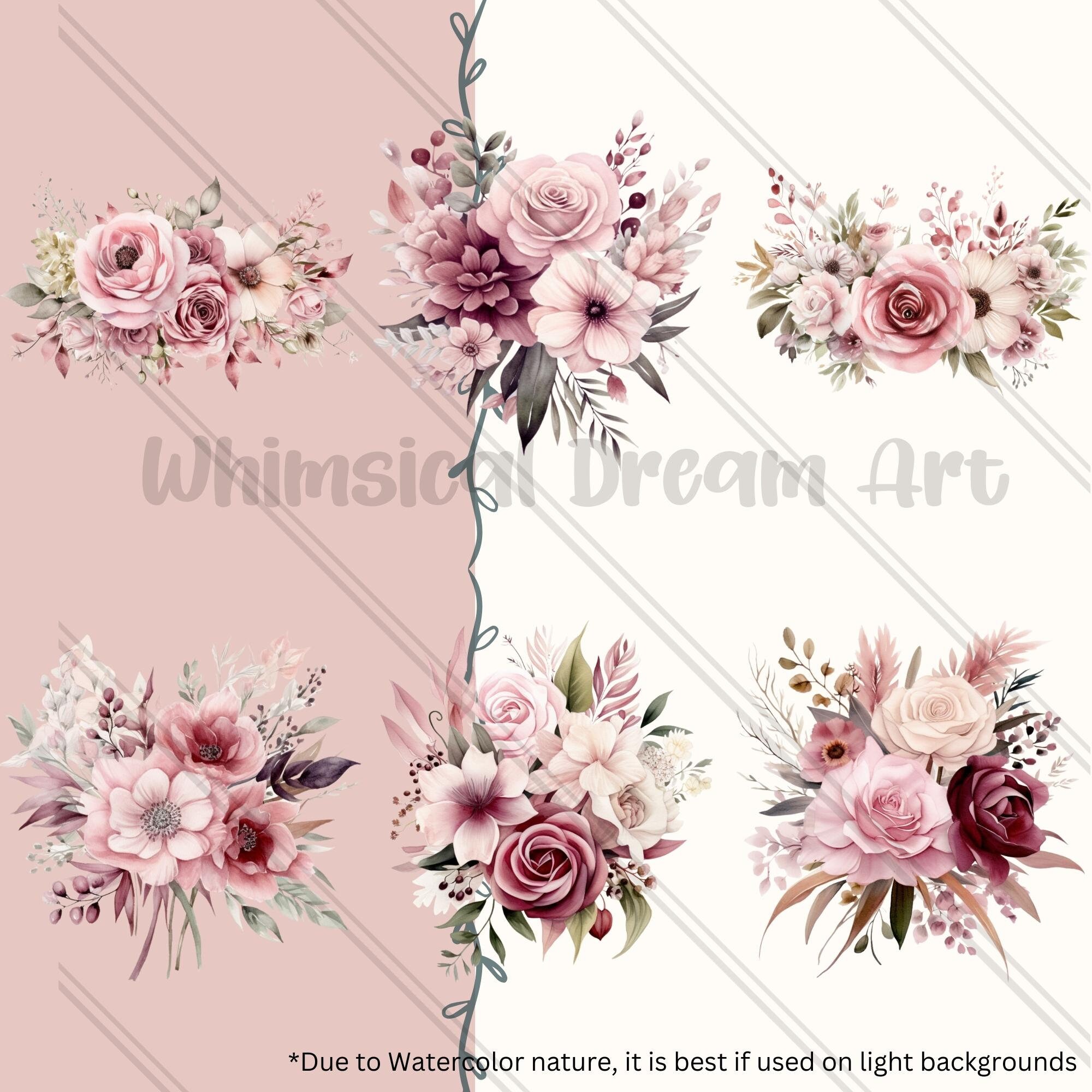 Watercolor Pink Boho Flower Clipart, Provence Bouquets (PNG, Digital ...
