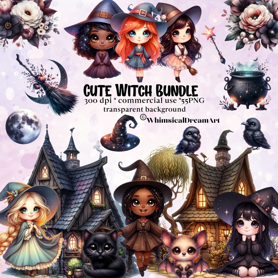 55 Cute Witch Watercolor Clipart, Witch Bundle, Watercolor Cute Fantasy ...