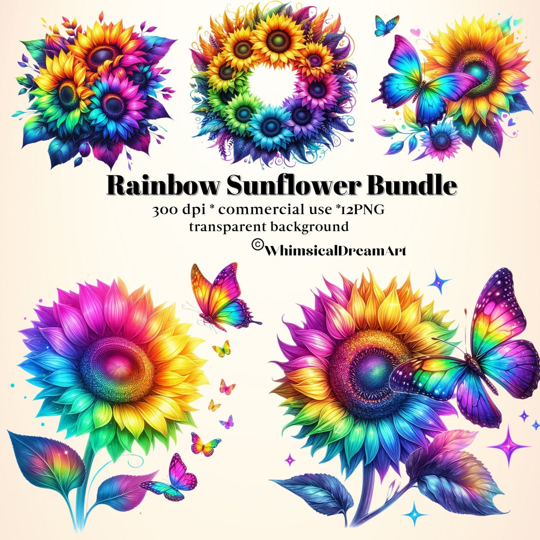 12 Watercolor Rainbow Sunflower Collection Clipart, Summer Sunflowers ...