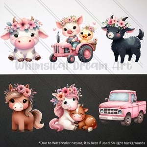 42 Watercolor Pink Farm Animal Clipart - Cute Chickens, Chicks, Horses ...