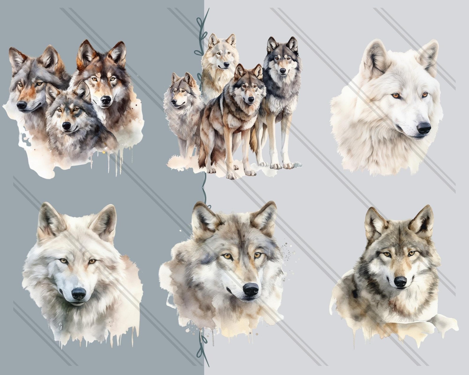 24 Wolf PNG Collection , Watercolor Wolves Pack, Wolf Pack, Wolf ...