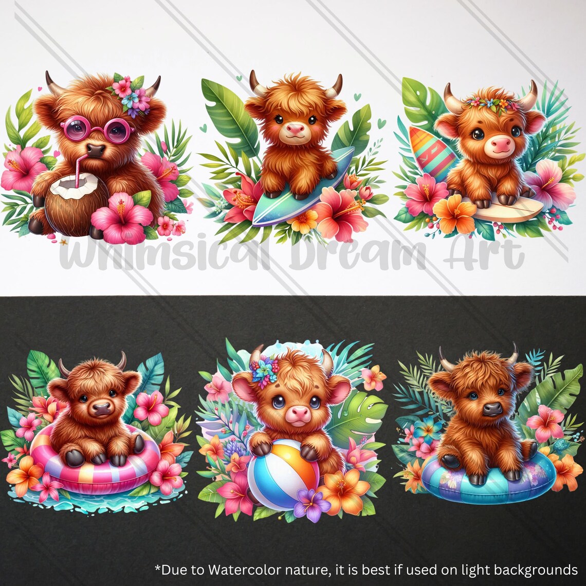 10 Watercolor Summer Highland Cows Collection Clipart, PNG Beach ...