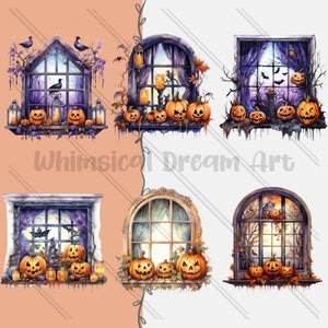 24 Halloween Window Clipart, Pumpkin Watercolor Clipart, Halloween ...