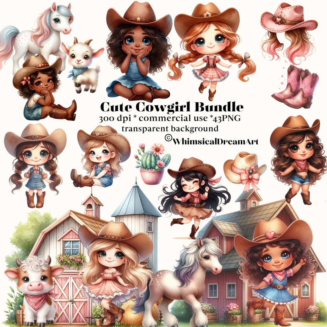 43 Cute Cowgirl Watercolor Clipart, Pink Cowgirl Bundle, Baby Horse PNG ...