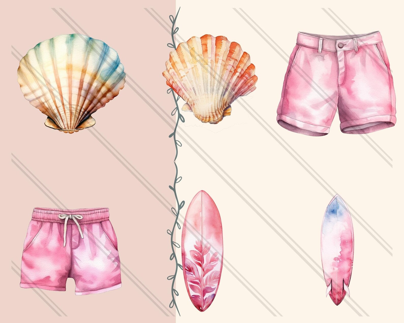 42 Pink Beach Bundle, Ocean Travel, Digital Beach Clipart, Watercolor ...