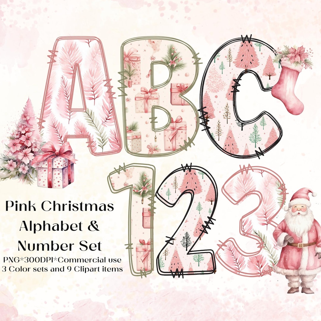3 Sets of Pink Christmas Clipart Decorative Letters & Numbers ...