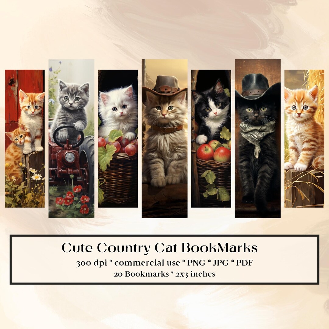 20 Cute Country Kitten Bookmark Designs, Printable Bookmarks Digital ...