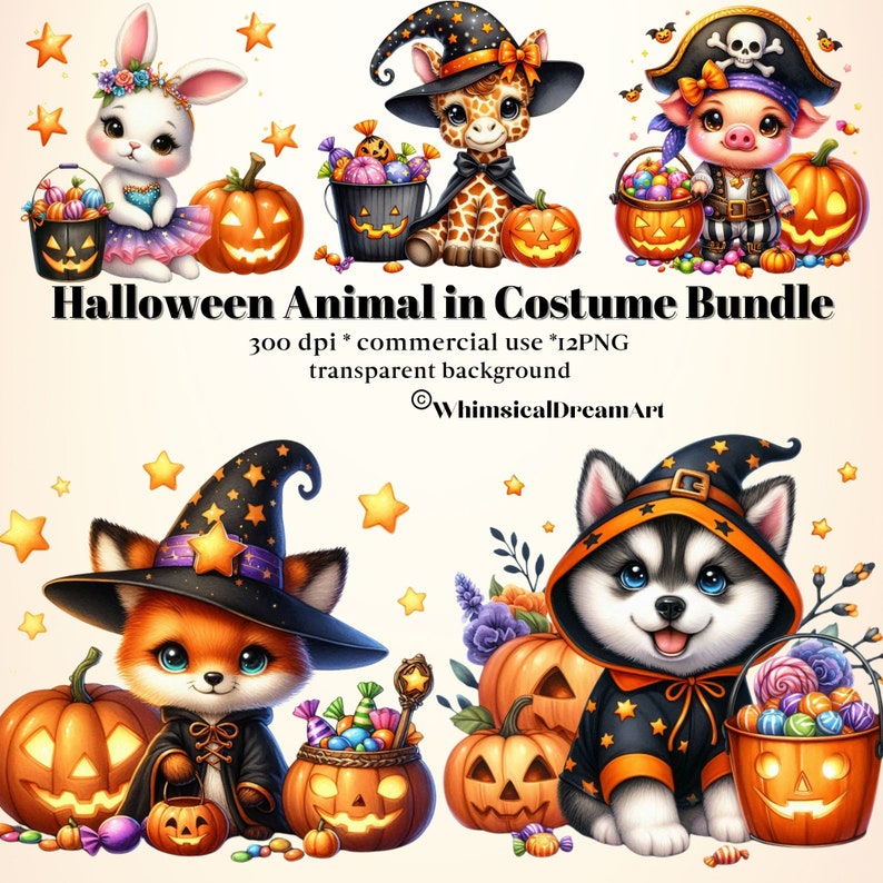 12 Watercolor Cute Halloween Animal Collection Clipart, Halloween ...