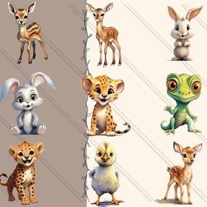 48 Cute Baby Animals Clipart Watercolor Bundle, Jungle Safari PNG ...