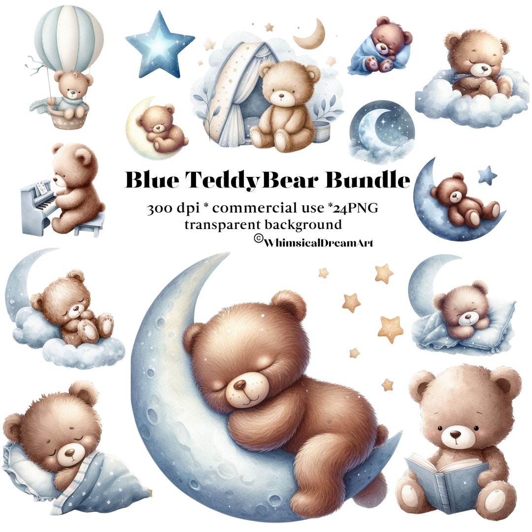24 Watercolor Blue Teddy Bear Clipart, Baby Shower for a Boy ...