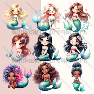 42 Cute Mermaid Watercolor Clipart, Dolphin Bundle, Watercolor Cute ...