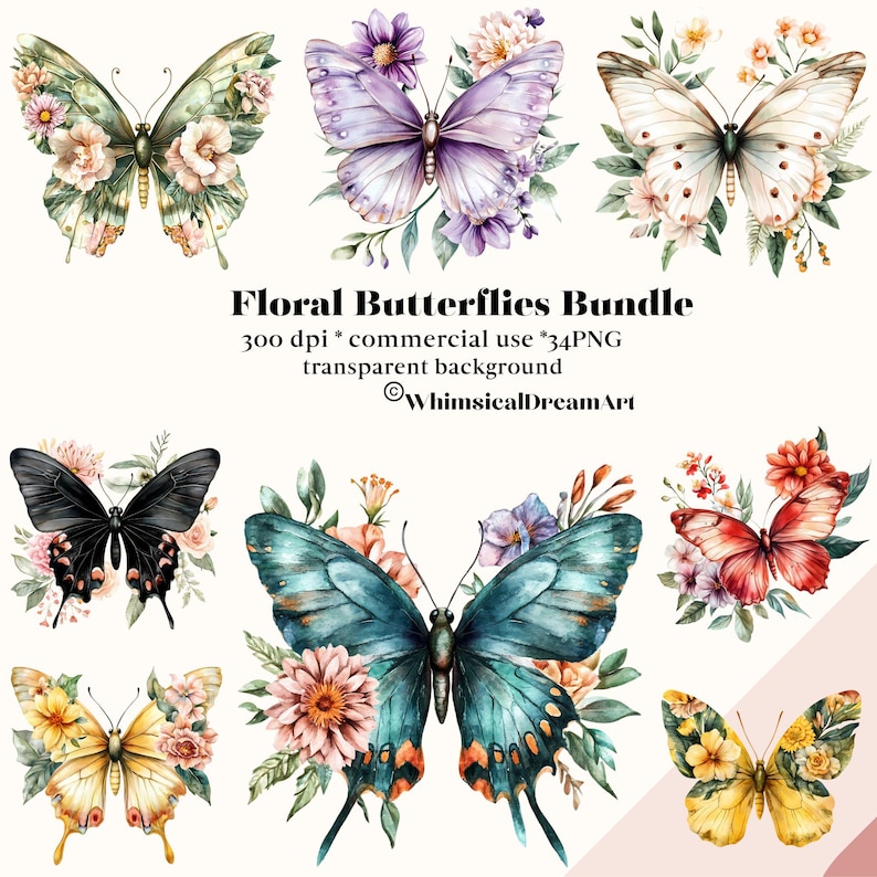 34 Butterfly Watercolor Clipart, Monarch PNG, Floral, Summer Bundle ...