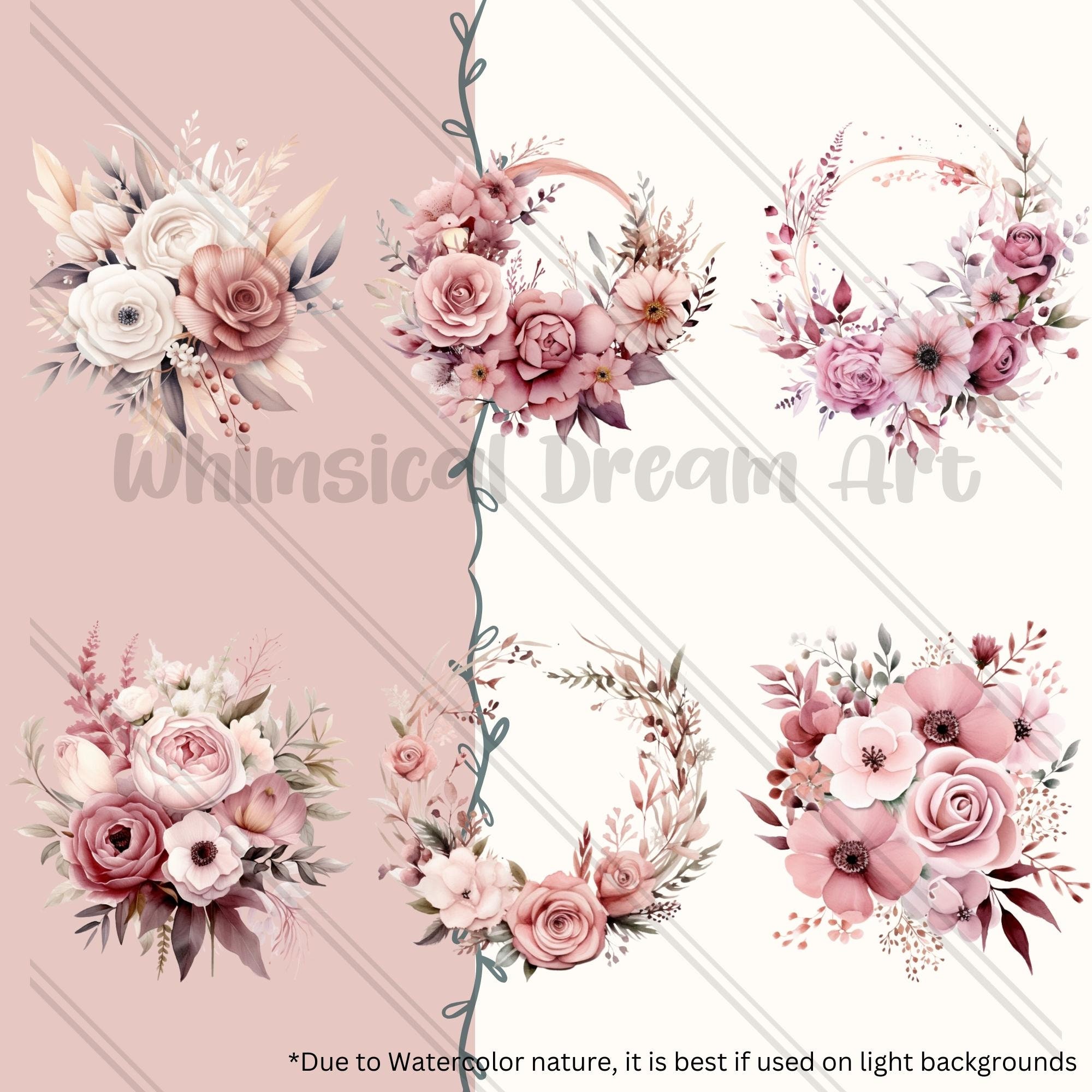 Watercolor Pink Boho Flower Clipart, Provence Bouquets (PNG, Digital ...