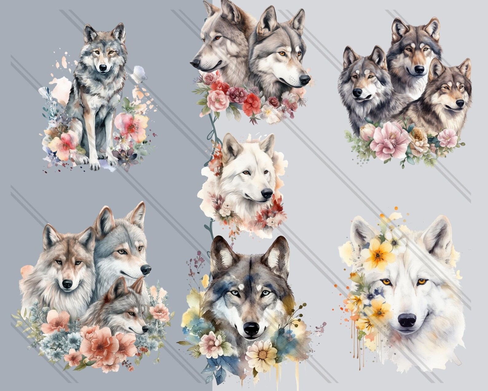 25 Wolf and Flower PNG Collection , Watercolor Wolves Pack, Wolf ...
