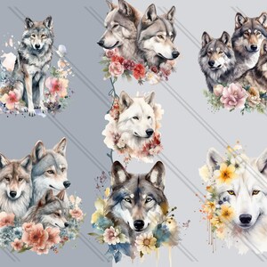 25 Wolf and Flower PNG Collection , Watercolor Wolves Pack, Wolf ...
