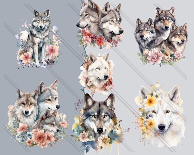 25 Wolf and Flower PNG Collection Watercolor Wolves Pack - Etsy