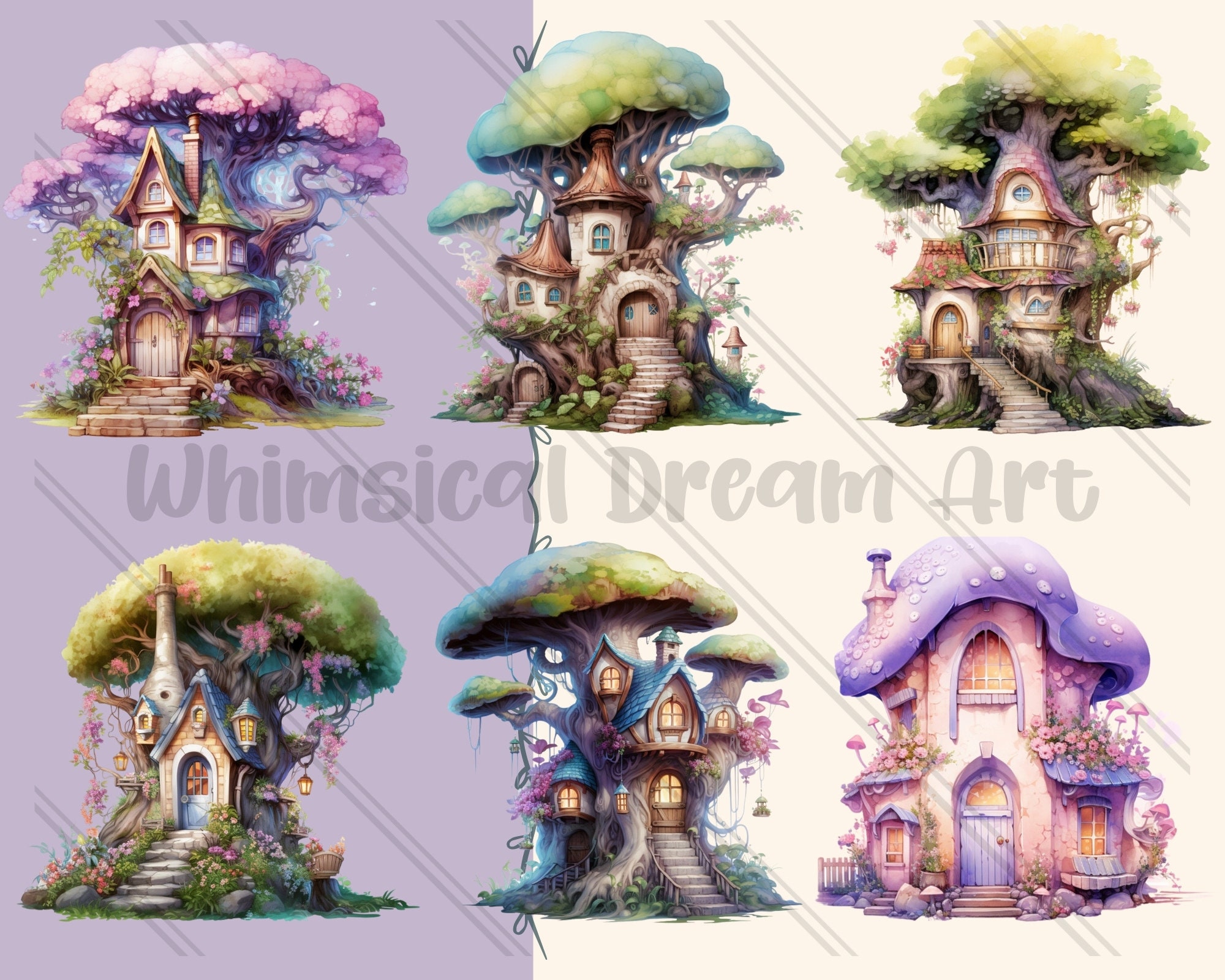 24 PNG Pastel Fairy House Watercolor Clipart, Cute Kids Art Download ...