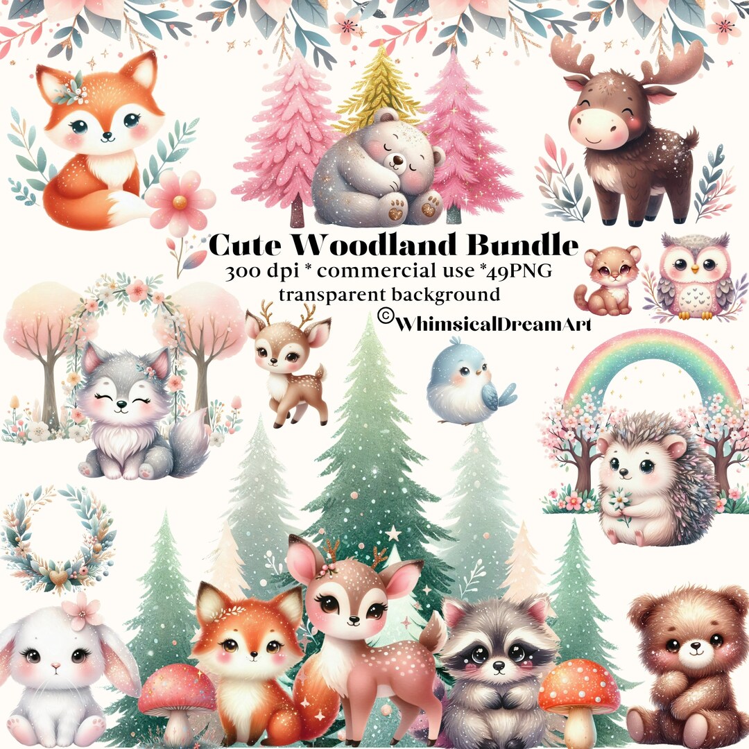 49 Cute Glitter Woodland Animals Clipart Watercolor Bundle, Commercial ...