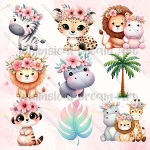 45 Watercolor Pink Safari Animal Clipart PNG Bundle, Baby Animal, Girl ...