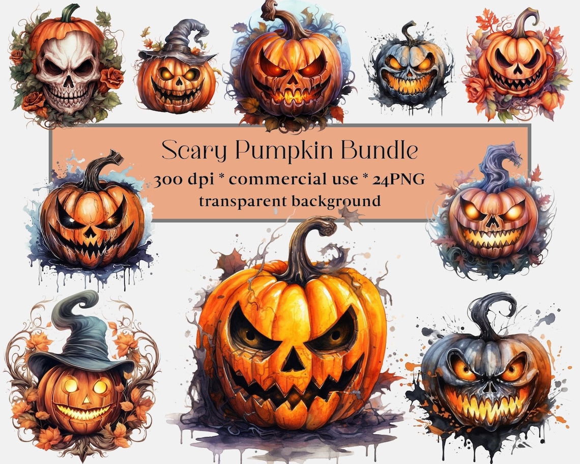 24 Watercolor Scary Pumpkin Clipart Bundle, Halloween Horror Designs ...