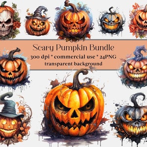 24 Watercolor Scary Pumpkin Clipart Bundle, Halloween Horror Designs ...