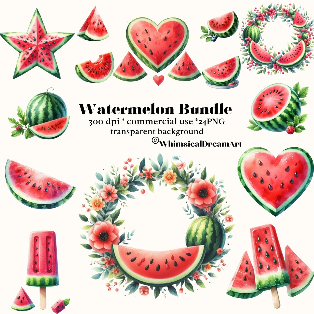 24 Watercolor Watermelon PNG Bundle- Commercial Use, Summer Fruit ...