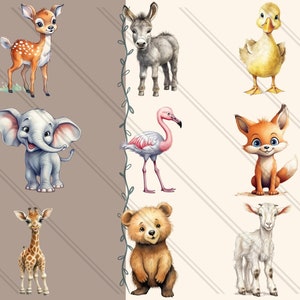 48 Cute Baby Animals Clipart Watercolor Bundle, Jungle Safari PNG ...