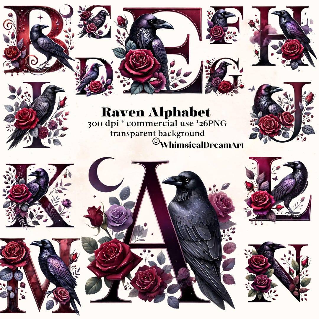 Dark Raven Clipart Decorative Letters, Uppercase Alphabet Set, Clipart ...