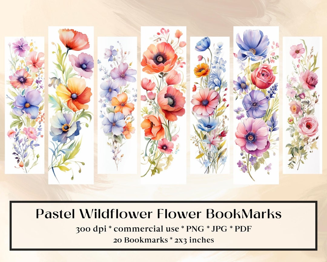 20 Watercolor Pastel Wildflower Bookmark Designs, Printable Digital ...